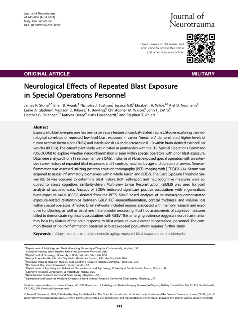 Stone Et Al 2024 Neurological Effects of Repeated Blast Exposure in ...