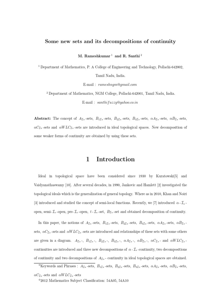 Some New Sets and Its Decomposition of Continuity | PDF | Continuous Function | Topology