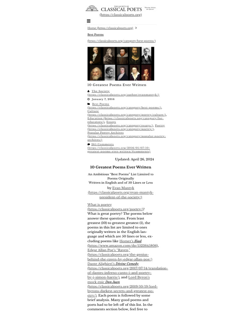 10 Greatest Poems Ever Written - Society of Classical Poets | PDF | Poetry