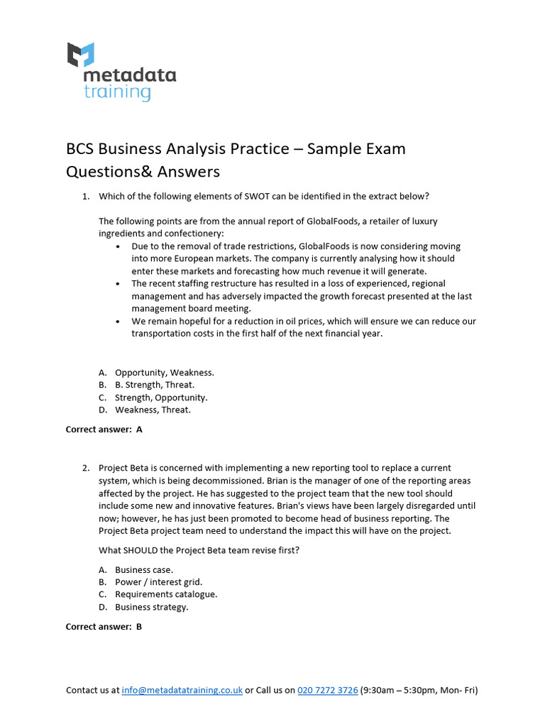 BCS Business Analysis Practice Mini Sample Exam Questions and Answers ...