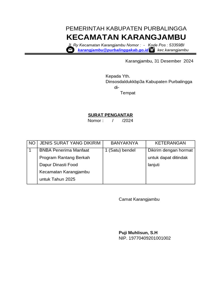 Surat Pengantar BNBA CAMAT Rantang Berkah | PDF