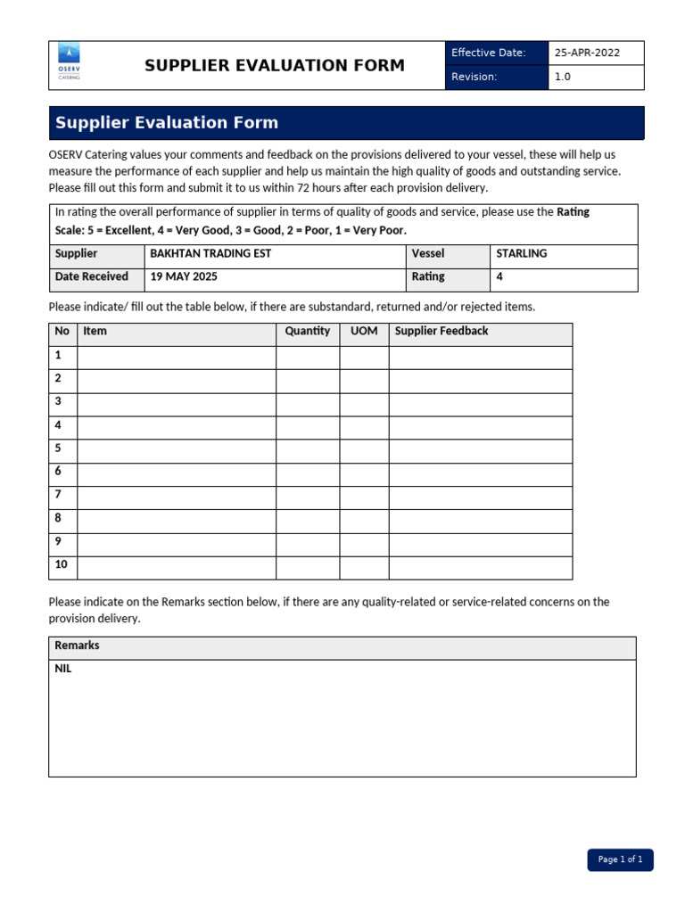 Supplier Evaluation Form Rev. 1 | PDF