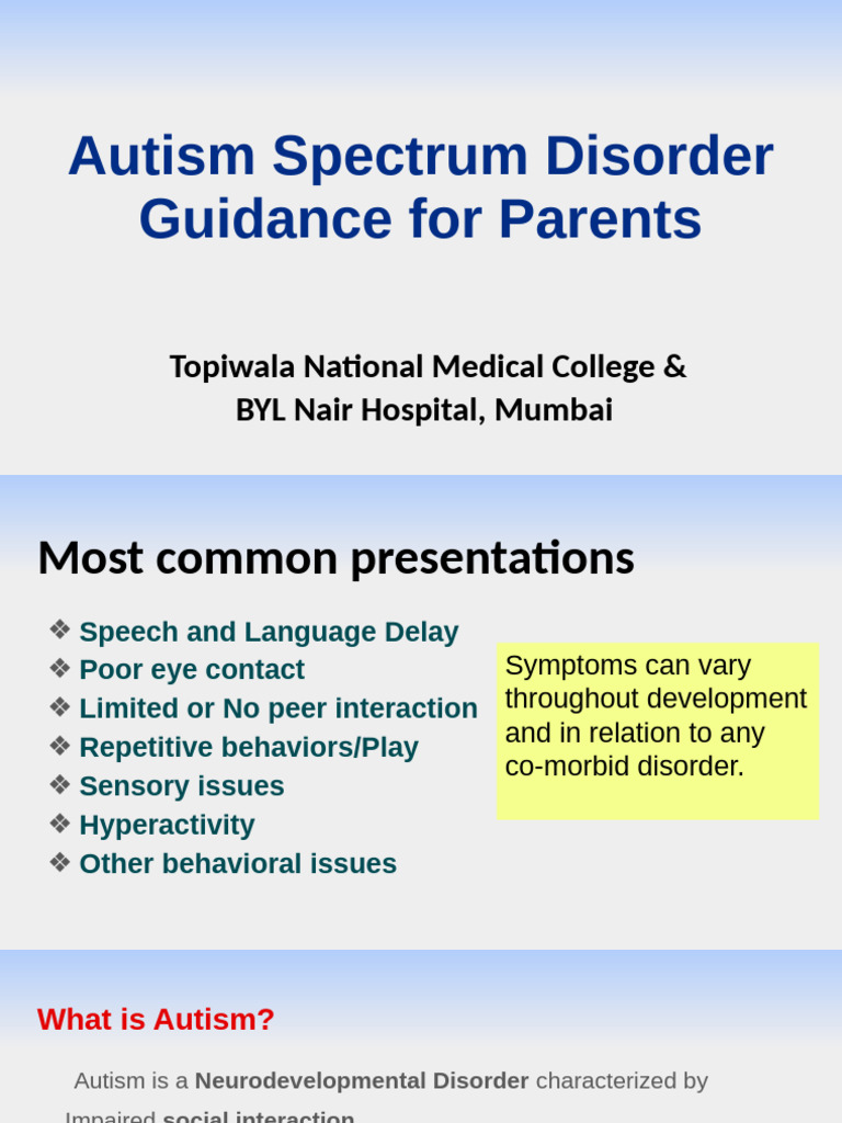 Autism Spectrum Disorder Guidance For Parents 1 1 Pdf Autism