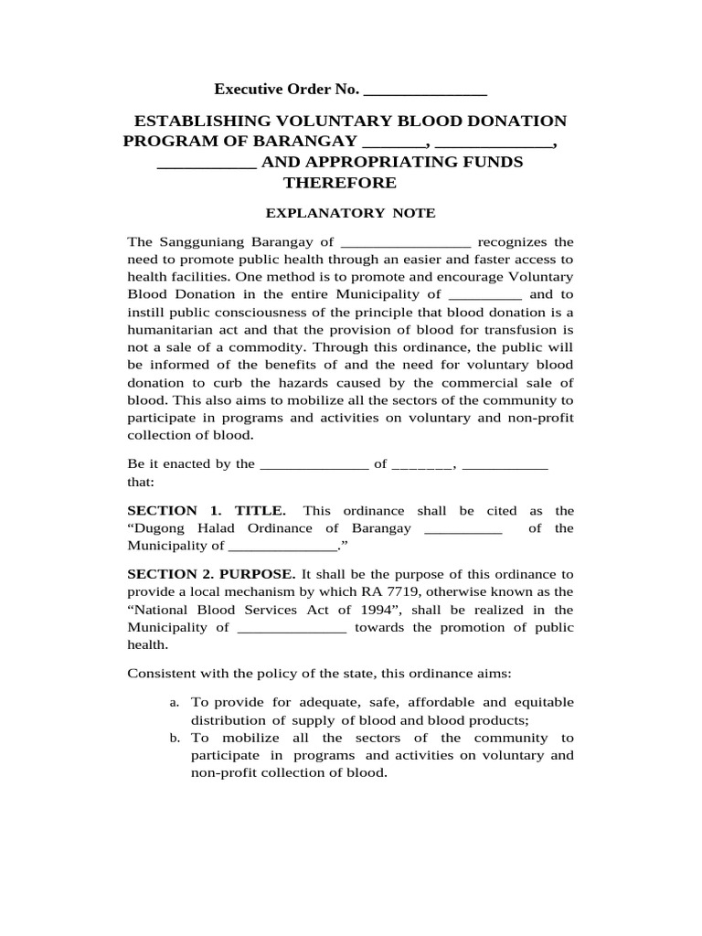 Executive Order-Blood Donation - Brgy. | PDF | Blood Donation | Blood ...