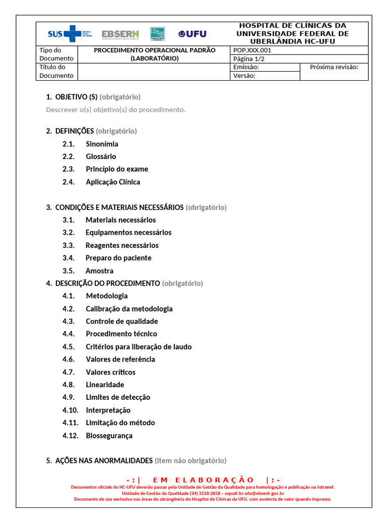 Modelo de Procedimento Operacional Padrao Laboratorio Anexo 1179 | PDF