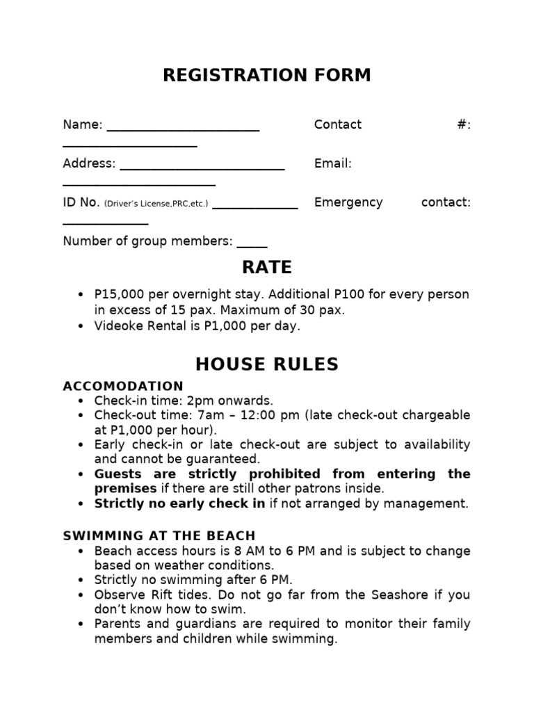 Registration Form for Beach Resort Stay | PDF