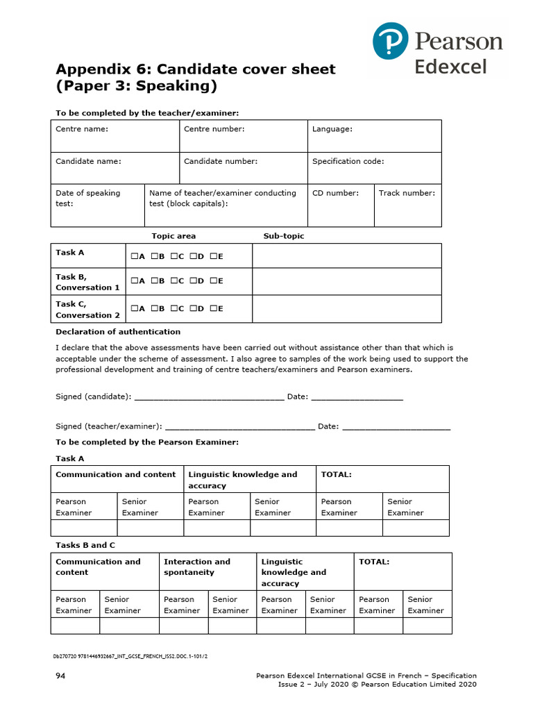 French Speaking Cover Sheet IGCSE | PDF | Qualifications | Communication