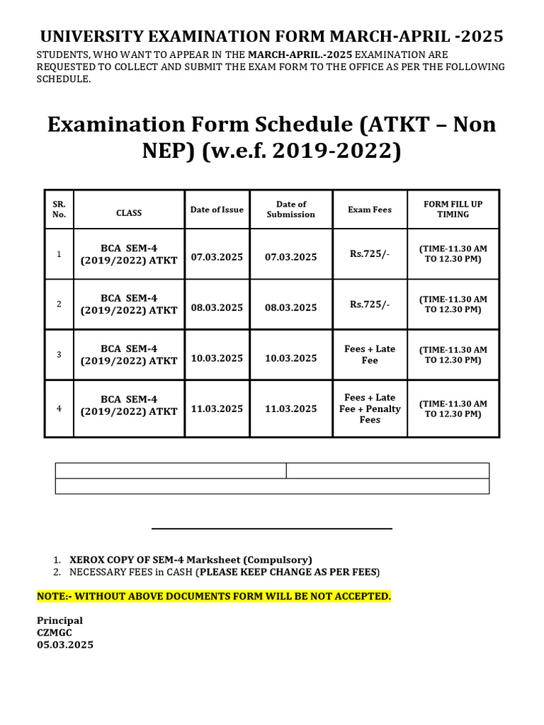 Exam Form Notice - Bca - Sem-4 Atkt | PDF