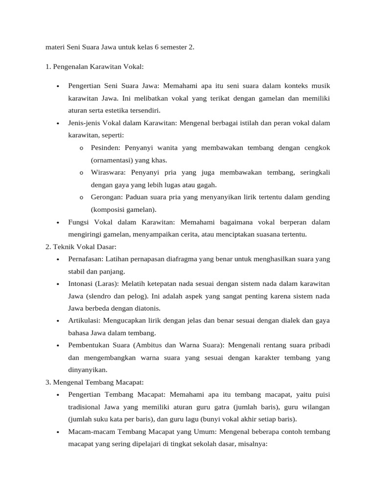 Materi Seni Suara Jawa Kelas 6 | PDF