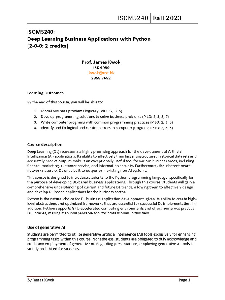 01 2023fall ISOM5240 L1 MBA Syllabus | PDF | Academic Dishonesty ...