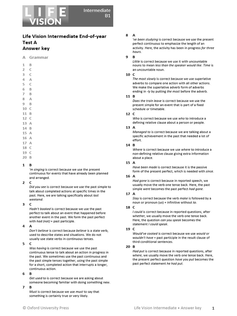 Life Vision Intermediate Answer Key | PDF | Perfect (Grammar) | Verb