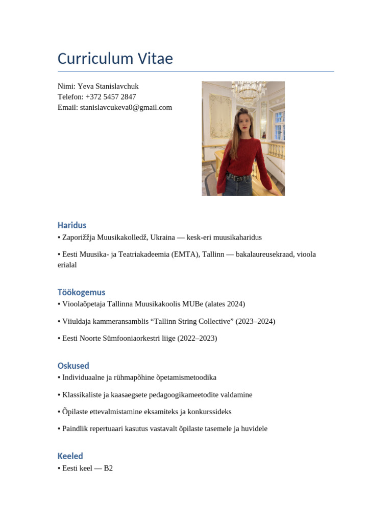 CV Yeva Stanislavchuk Estonian With Photo Fixed | PDF