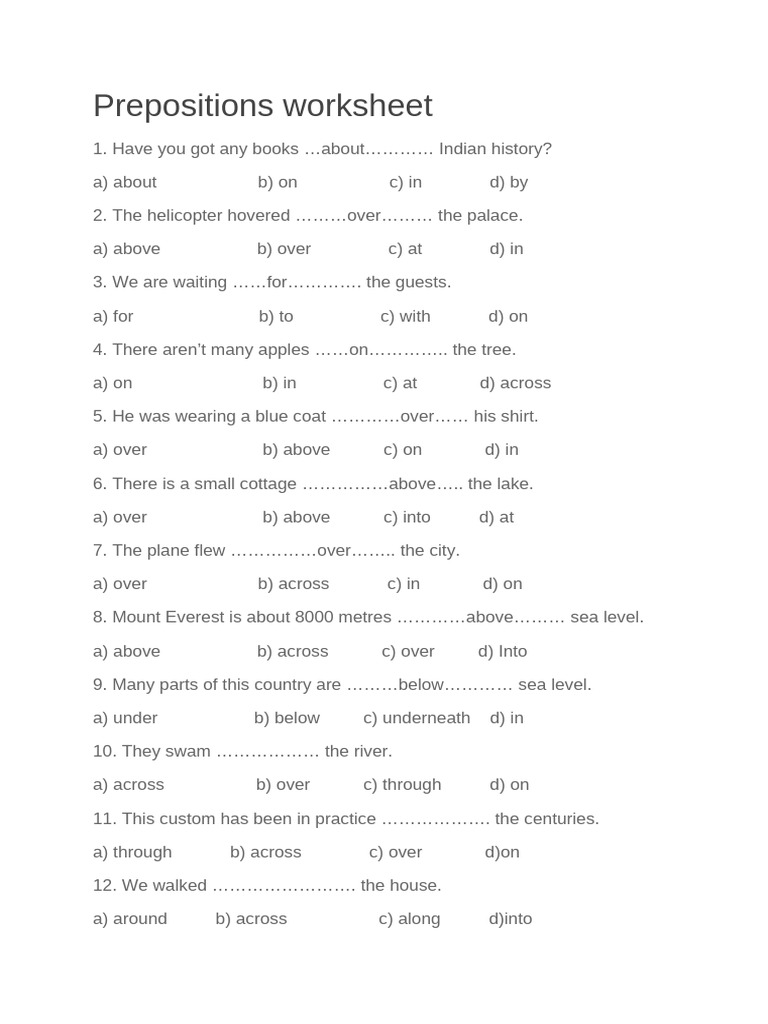 Prepositions Worksheet For Classes 7 | PDF | Morphology | Languages
