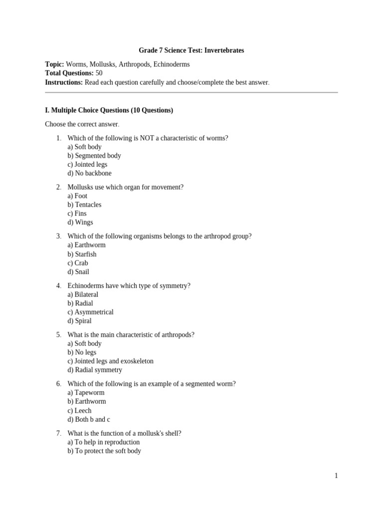 Grade 7 Science Test on Invertebrates | PDF | Mollusca | Invertebrate