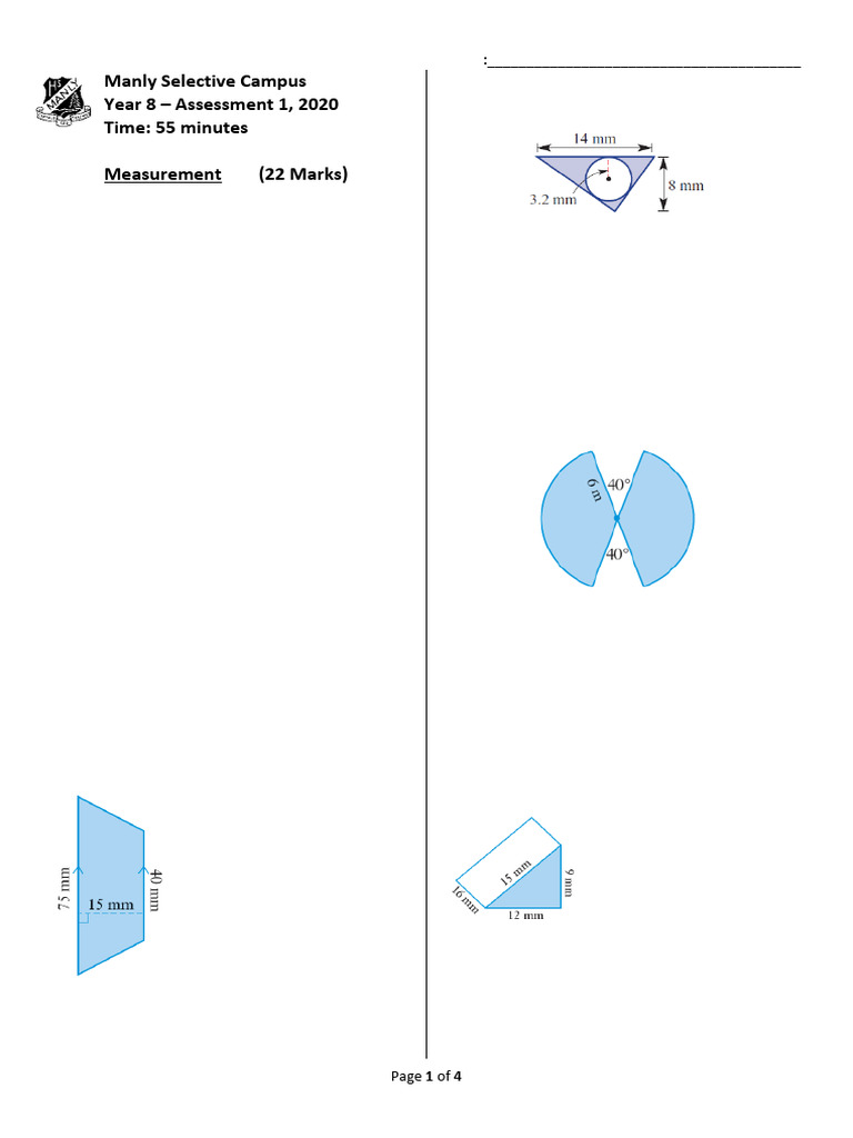 Year 8 Measurement and Algebra Assessment | PDF | Area | Euclidean Geometry