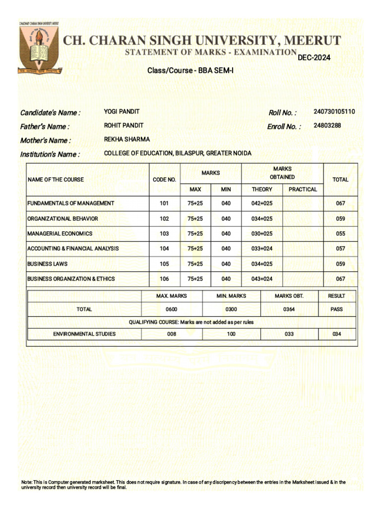 Marksheet Yogi Pandit Bba 1sem | PDF | Economies | Business Economics