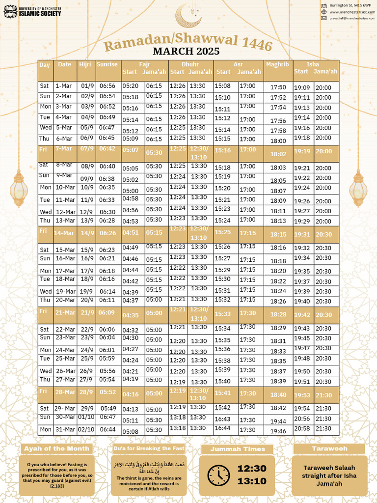 Ramadan 2025 Timetable | PDF | Islamic Ethics | Prayer