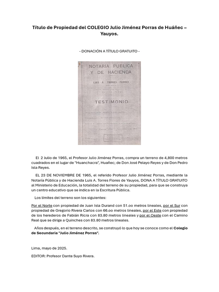 Título de Propiedad del Colegio Julio Jiménez Porras de Huáñec, Yauyos ...