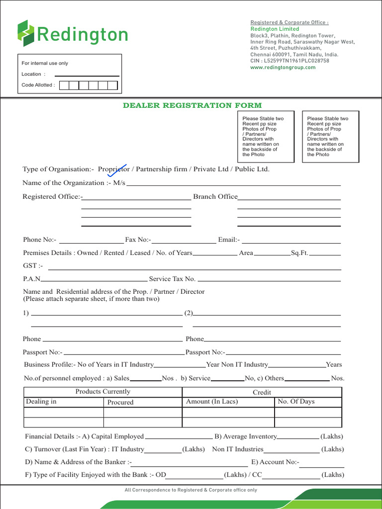 Redington Dealer Registration Form | PDF | Car Dealership | Cheque