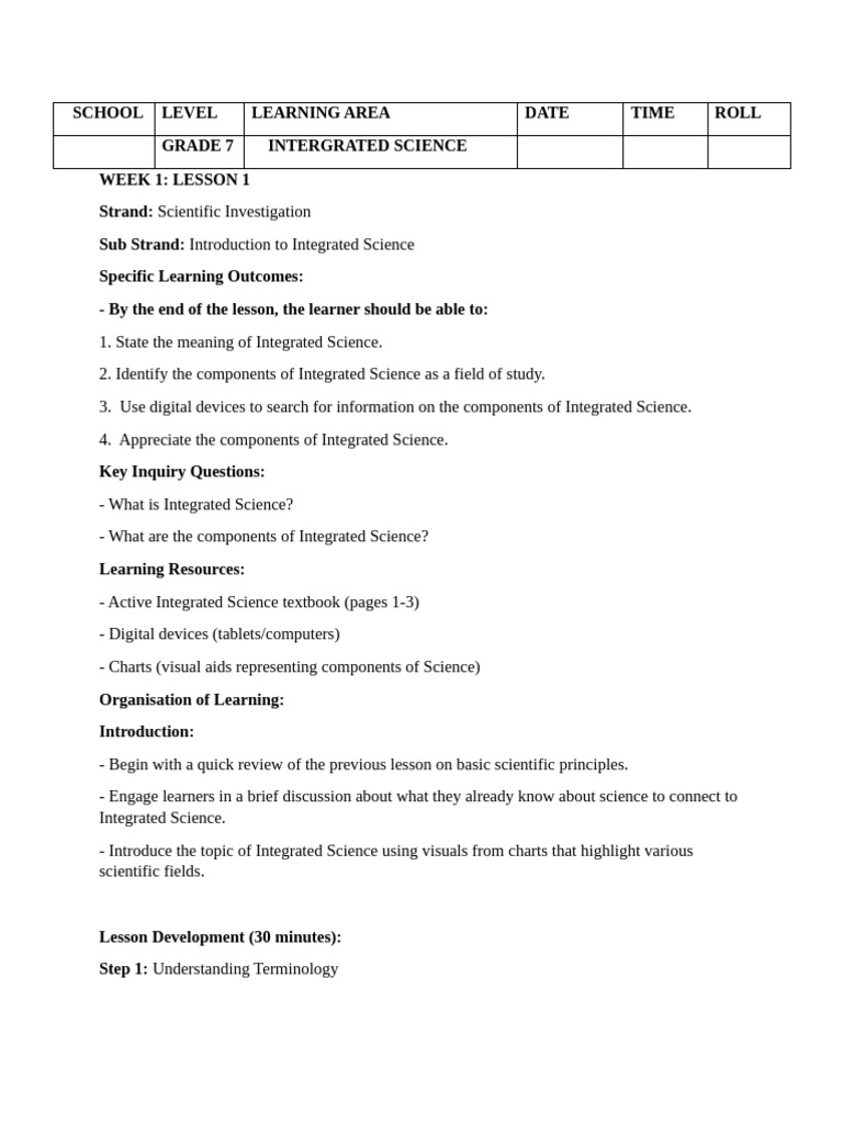 Grade 7 Rationalized Integrated Science Lesson Plans Term 1 | PDF ...