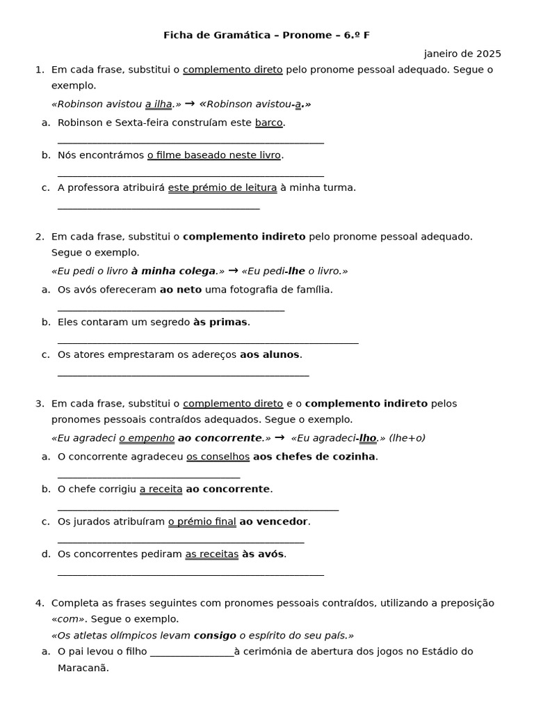 Ficha Gramática-Pronome Pessoal | PDF | Pronome
