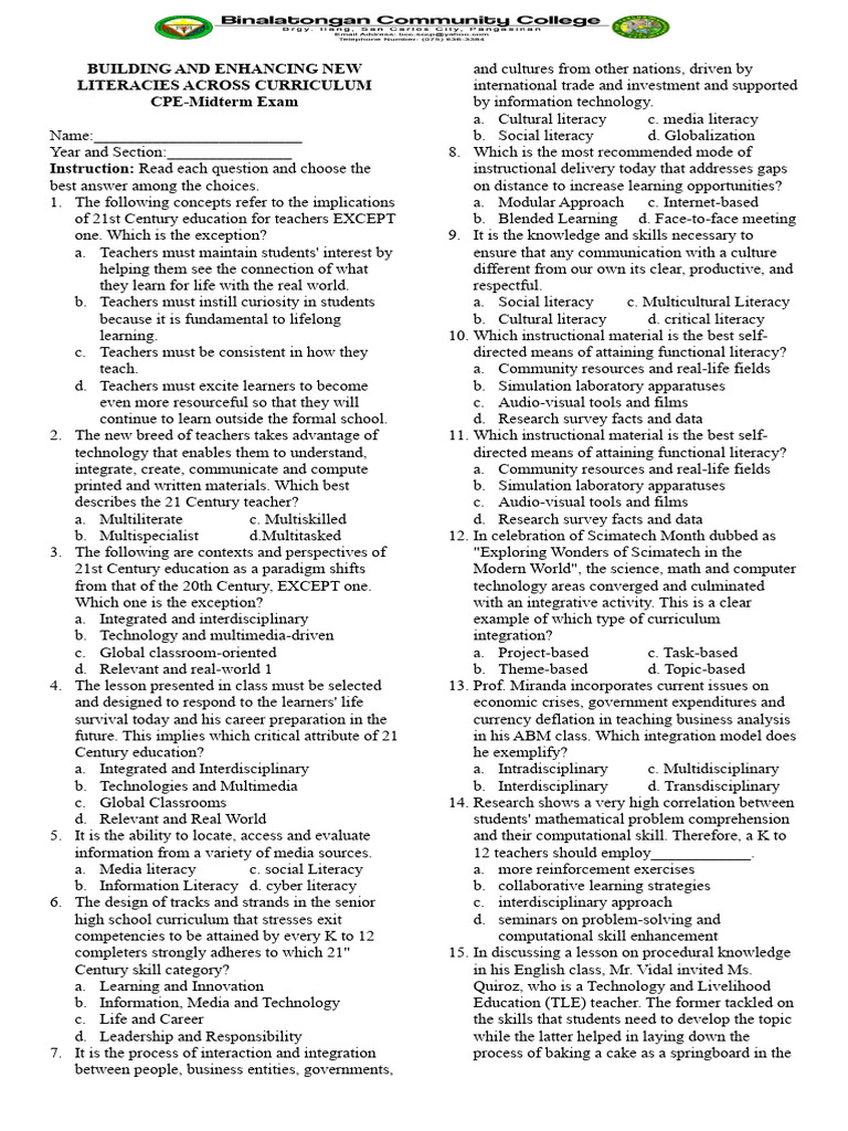 Midterm Exam Building and Enhancing New Literacies Across Curriculum | PDF | Literacy | Teachers