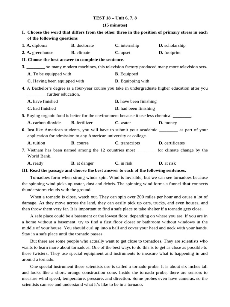 TEST 18 - Unit 6, 7, 8 (15 Minutes) | PDF | Tornadoes | Severe Weather ...