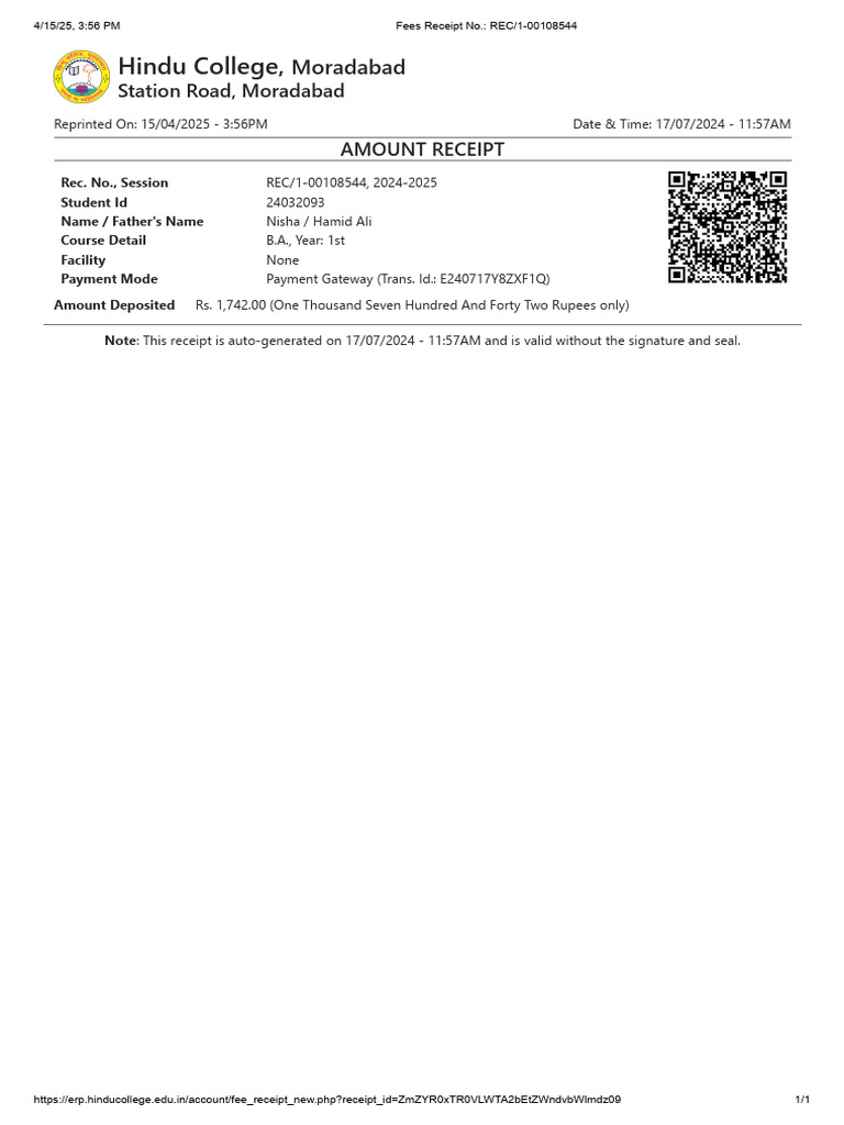 Hindu College Fee Receipt 2024 | PDF