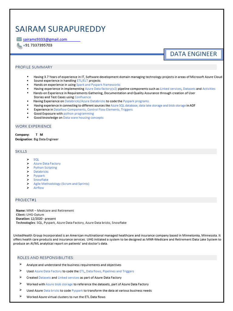 Sairam Azure Cloud Data Engineer 3.7yrs | PDF | Apache Spark | Microsoft Azure