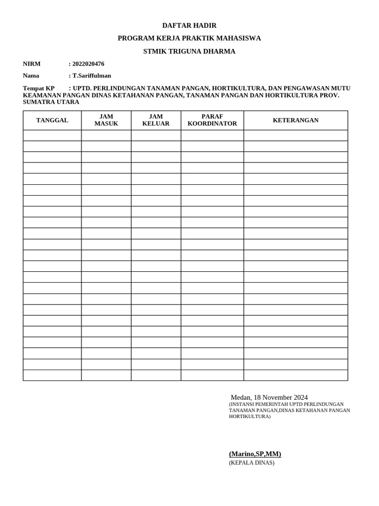 Daftar Hadir Magang (T.sariffulman) | PDF