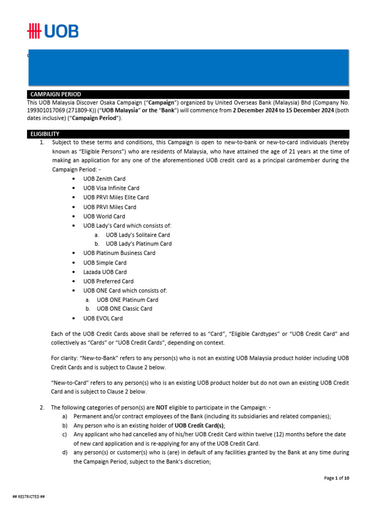 2024 Uob Malaysia Discover Osaka Campaign TNC | PDF | Credit Card | Damages