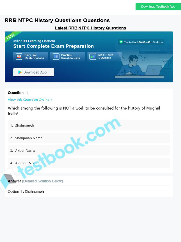 RRB NTPC History Questions 64b552e25892952591cb974e | PDF