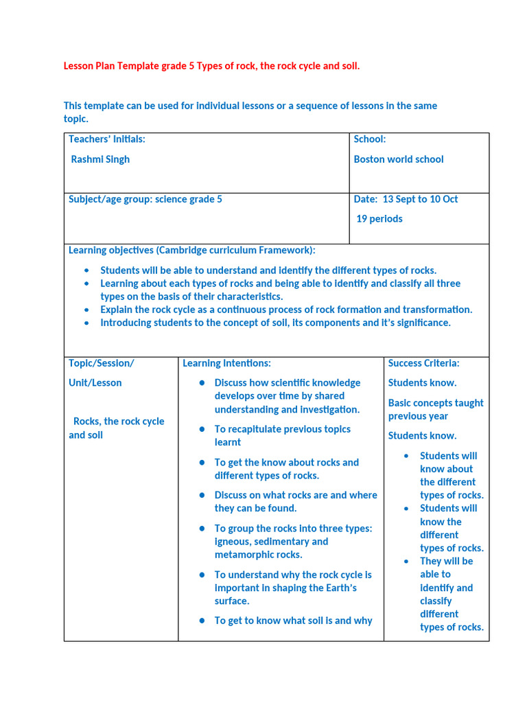 Lesson Plan Grade 5 Rocks, The Rock Cycle and Soil | PDF | Rock ...