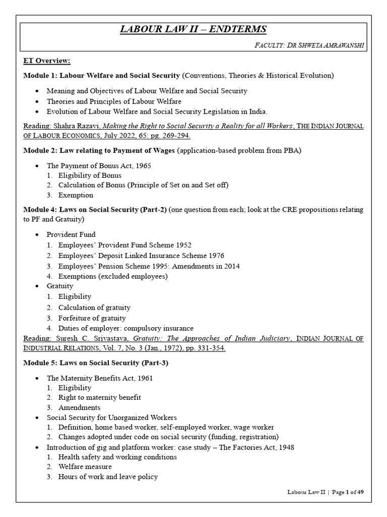 Labour Law II: Welfare & Social Security | PDF | Cost Of Living ...