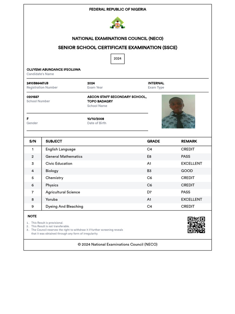 OLUYEMI ABUNDANCE IFEOLUWA - 886723657317 - NECO Results Portal | PDF