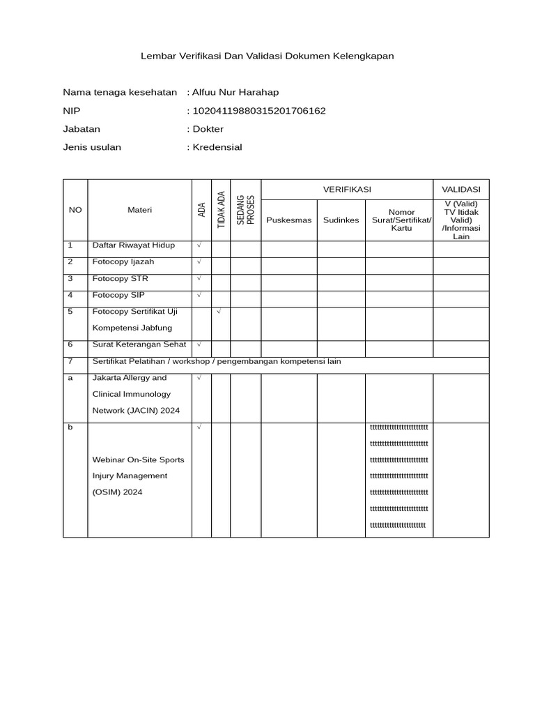 Lembar Verifikasi Dan Validasi Dokumen Kelengkapan Fix | PDF