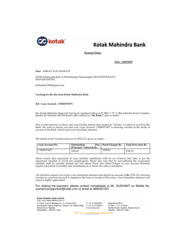 Demand Notice: For Making The Payment, Please Contact Immediately To Mr. SUSHANT On Mobile No | PDF