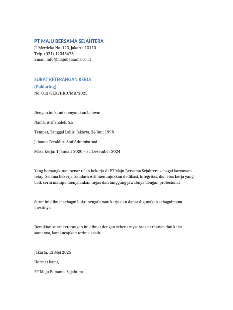 Surat Paklaring Arif Shaleh | PDF