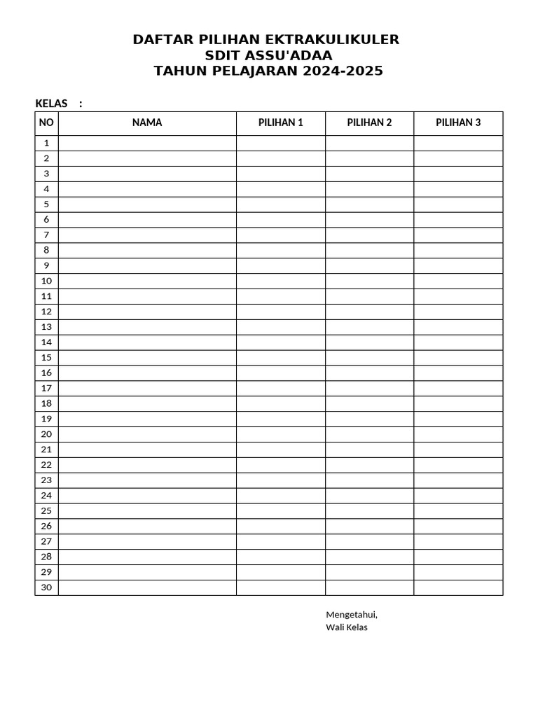 Daftar Pilihan Ekskul 2024 | PDF