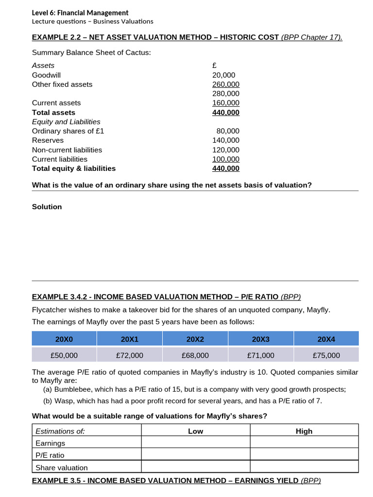 Lecture Questions - Business Valuations | PDF | Valuation (Finance ...