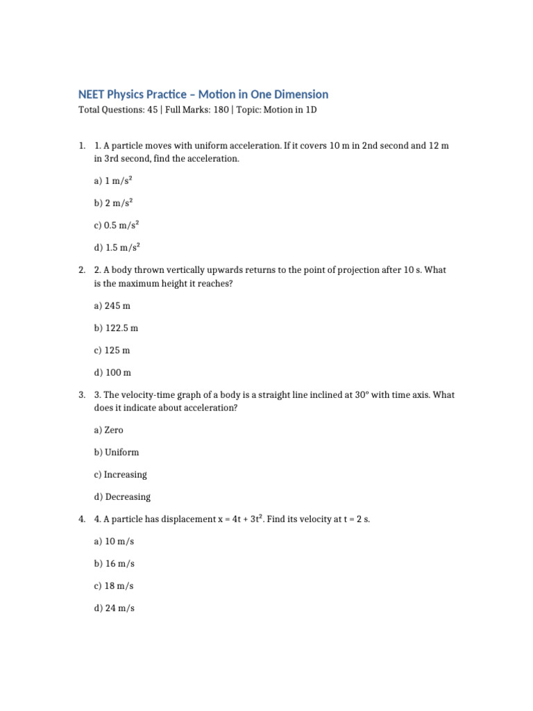 NEET Physics Motion 1D All 45 | PDF | Acceleration | Velocity