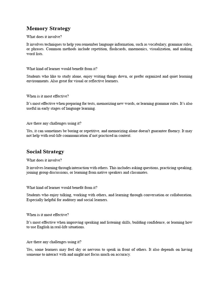 Memory Strategy Vs Social Strategy | PDF