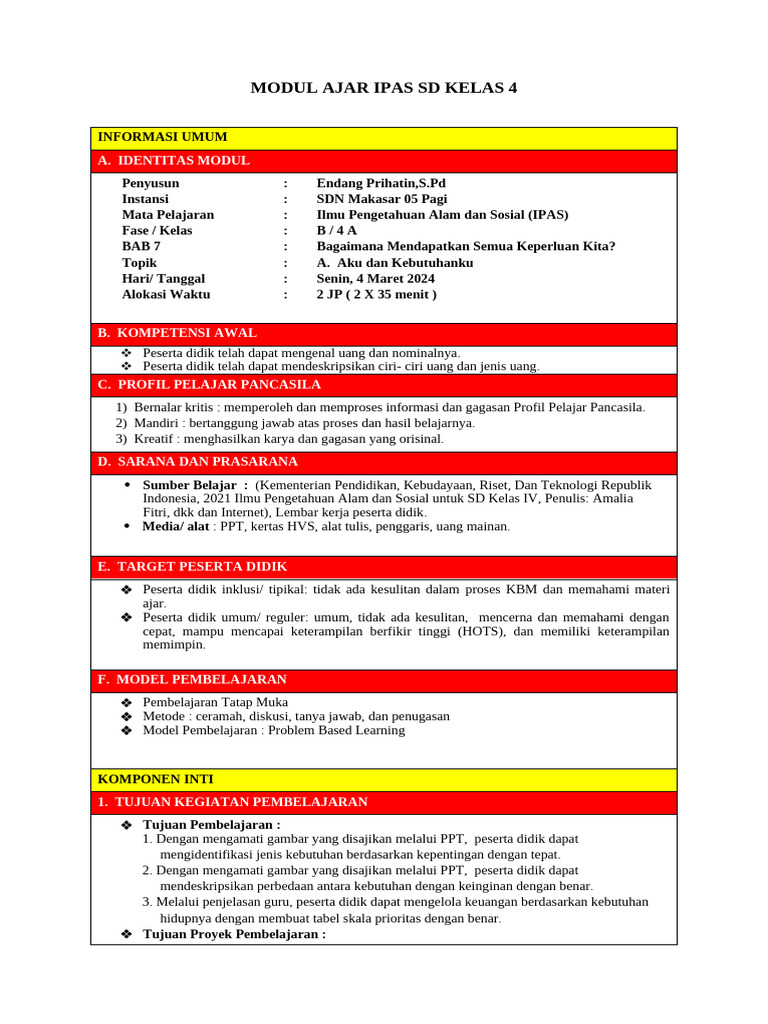 MODUL AJAR IPAS SD KELAS 4 | PDF