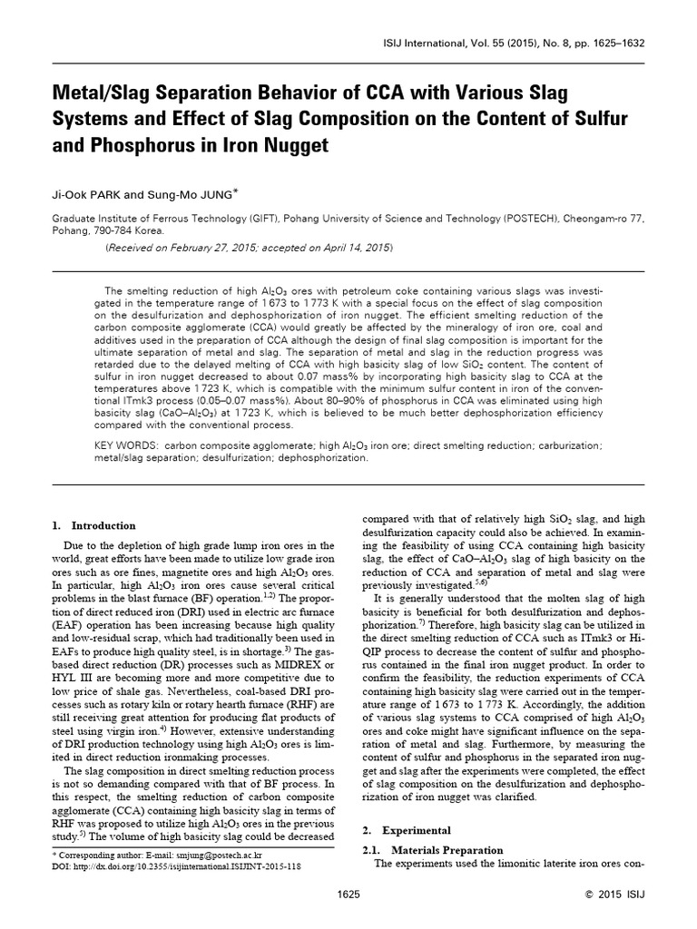 Metal Slag Separation Behavior of CCA With Various Slag Systems and ...