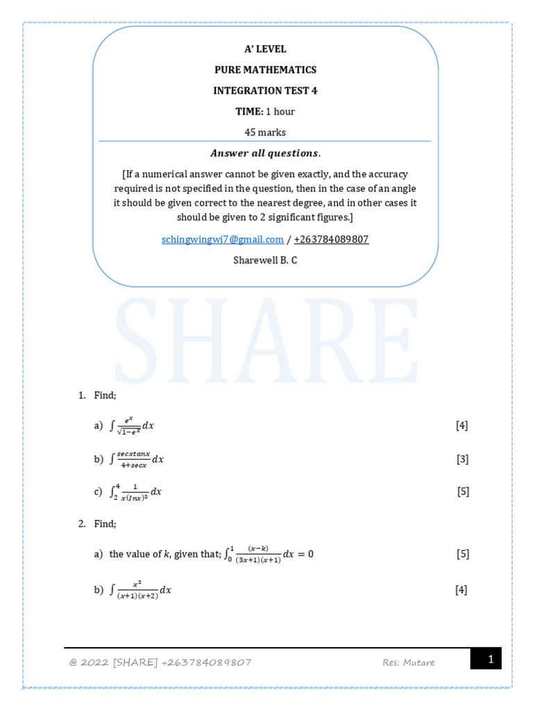 2022 Test 4 Integration (Pure Mathematics) Share (1) | PDF ...