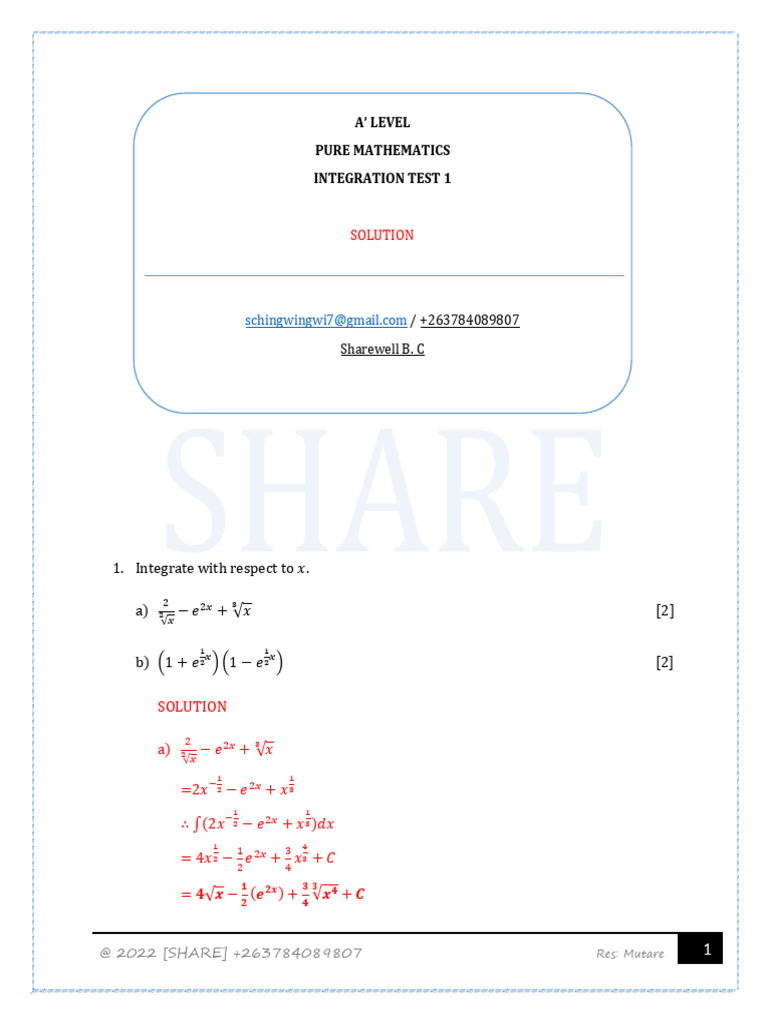 2022 TEST 1 SOLUTION INTEGRATION (PURE MATHEMATICS) Share | PDF ...
