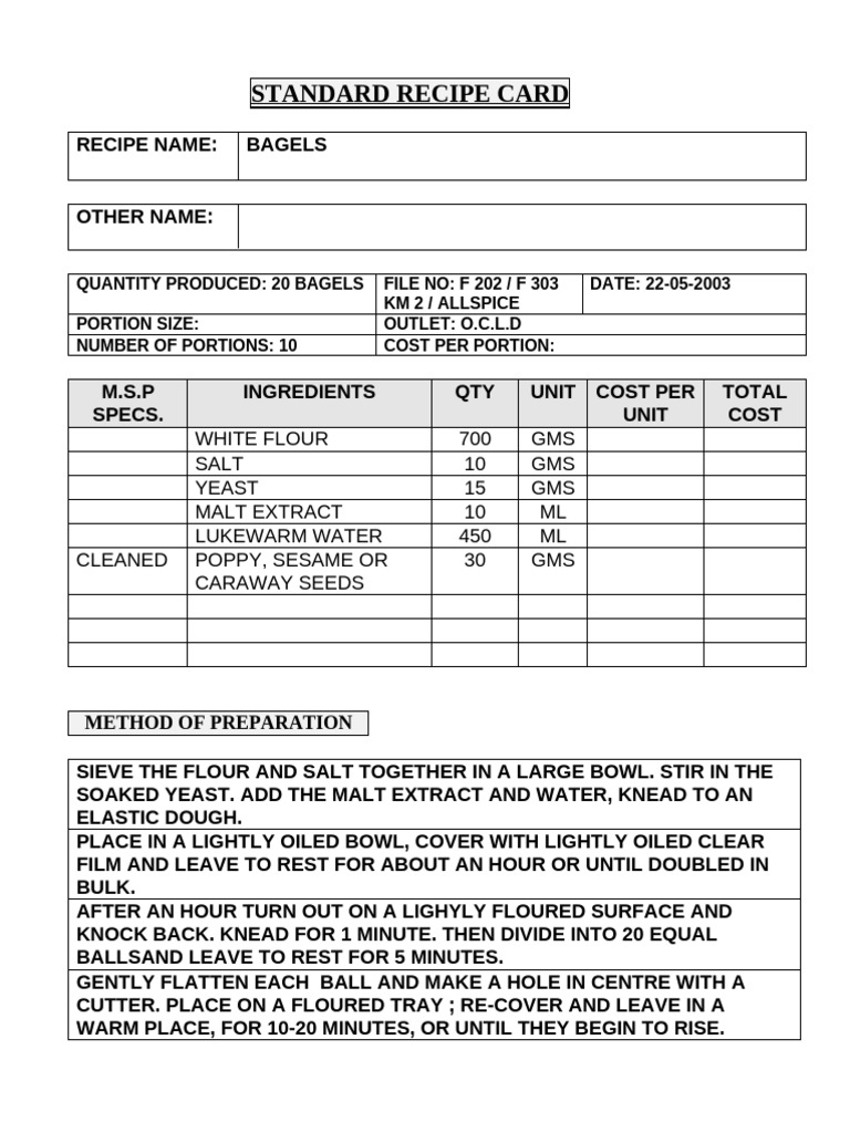 Bagel Recipe Card for 20 Servings | PDF