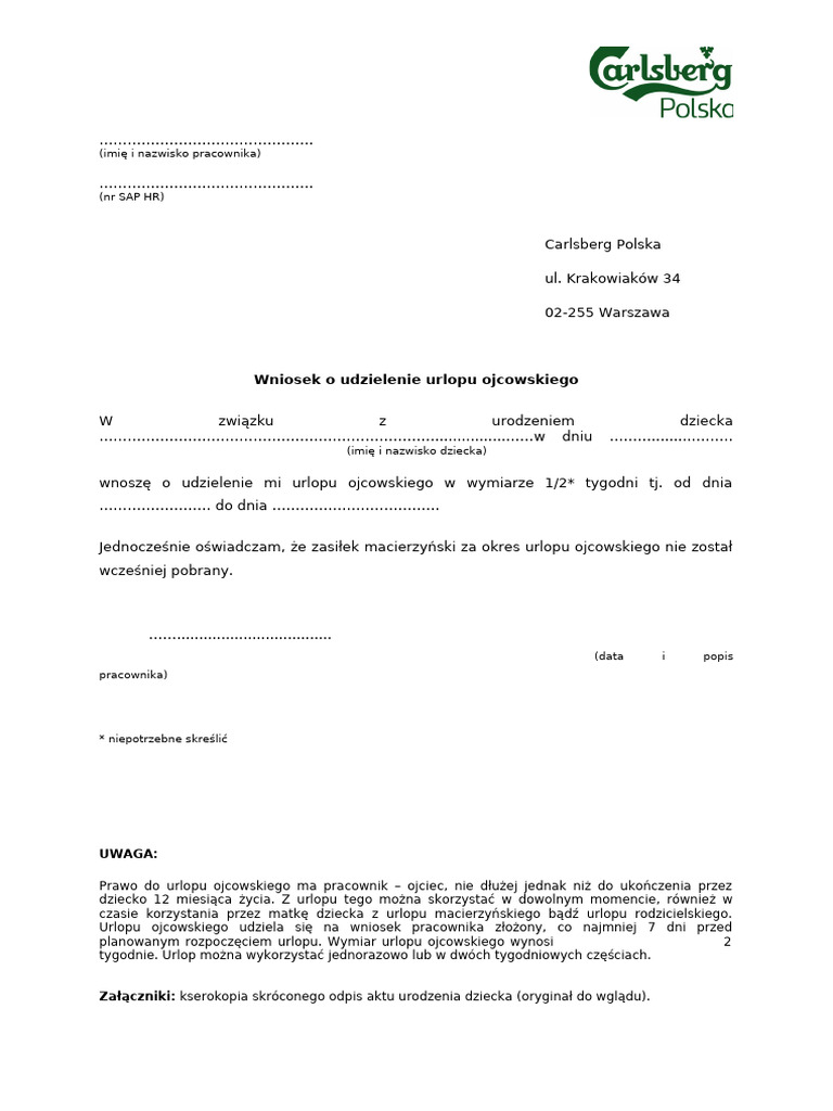 Urlop Ojcowski Wniosek | PDF