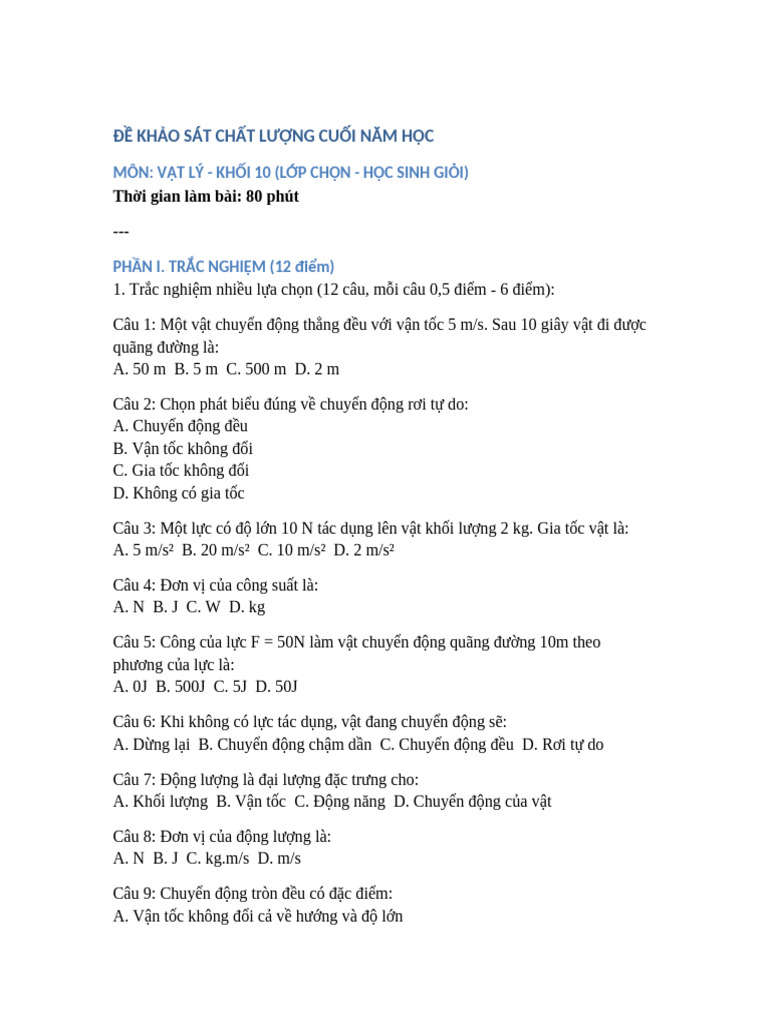 De - Khao - Sat - Vat - Ly - 10 - HSG - Cuoi - Nam 2024-2025 | PDF