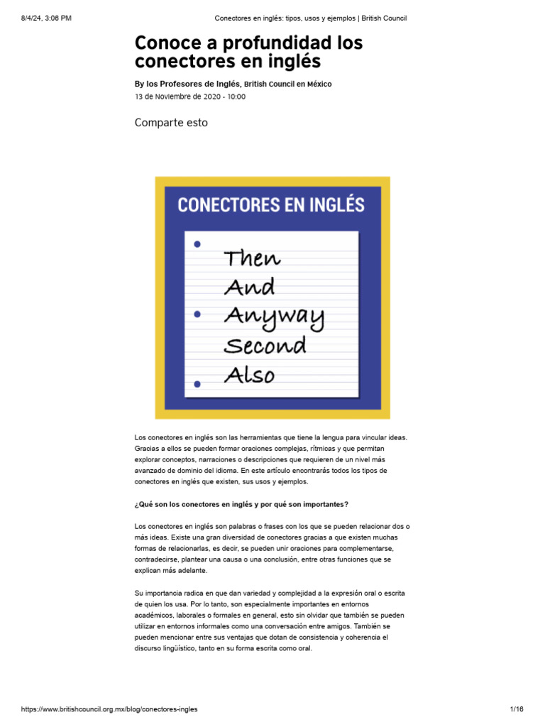 Conectores en Inglés - Tipos, Usos y Ejemplos - British Council | PDF ...